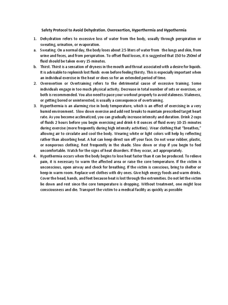 Safety Protocol To Avoid Dehydration | PDF | Dehydration | Hypothermia