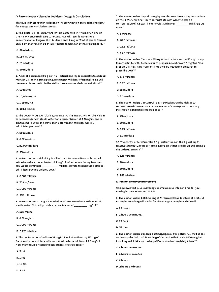 IV Reconstitution Calculation Problems | PDF | Insulin | Hypoglycemia