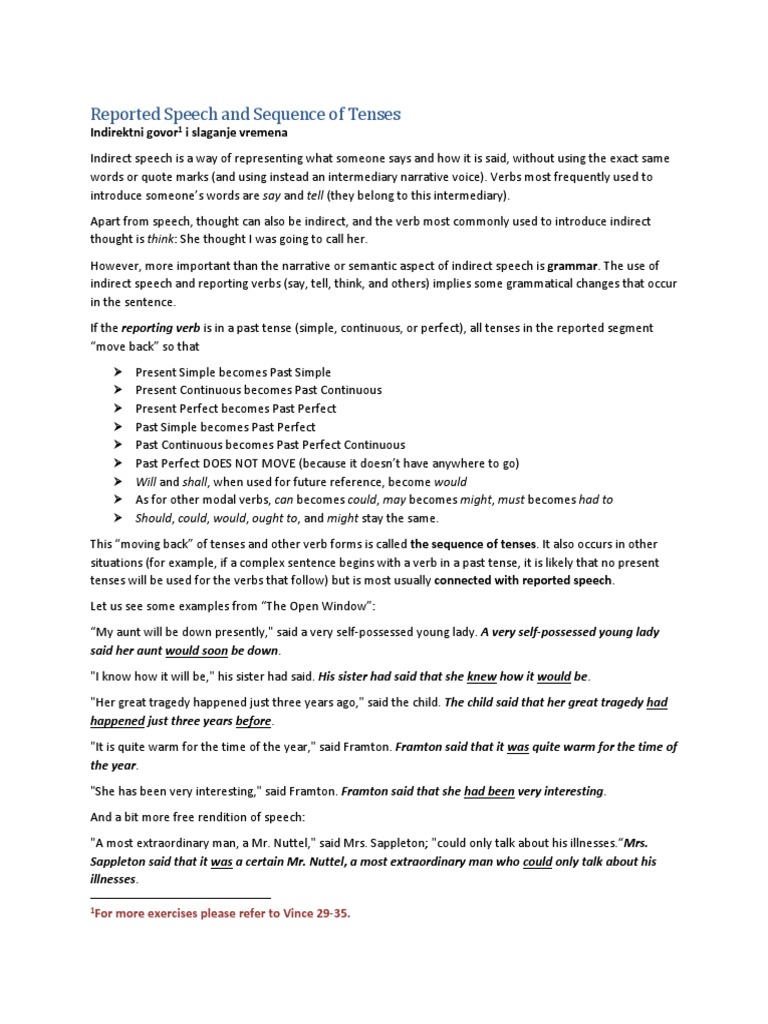Reported Speech and Sequence of Tenses | PDF | Perfect (Grammar ...