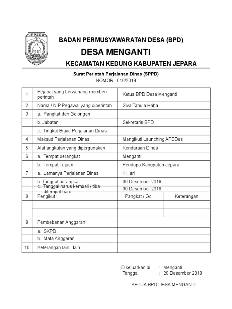 SPPD Sederhana Untuk BPD | PDF