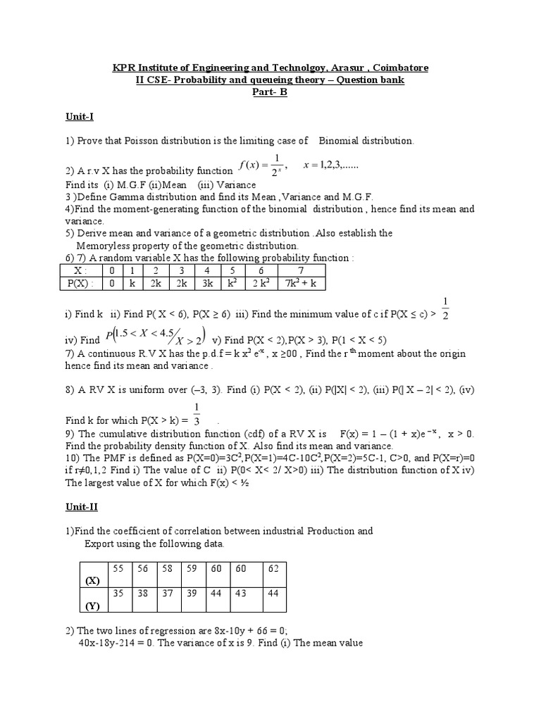 KPR Institute Probability and Queueing Theory Question Bank Part B | PDF | Probability Density ...