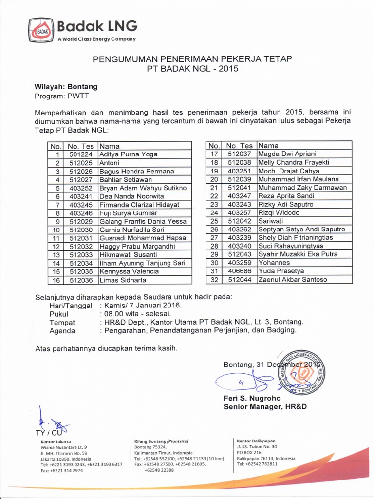 Pengumuman Penerimaan Pekerja PTB PDF | PDF