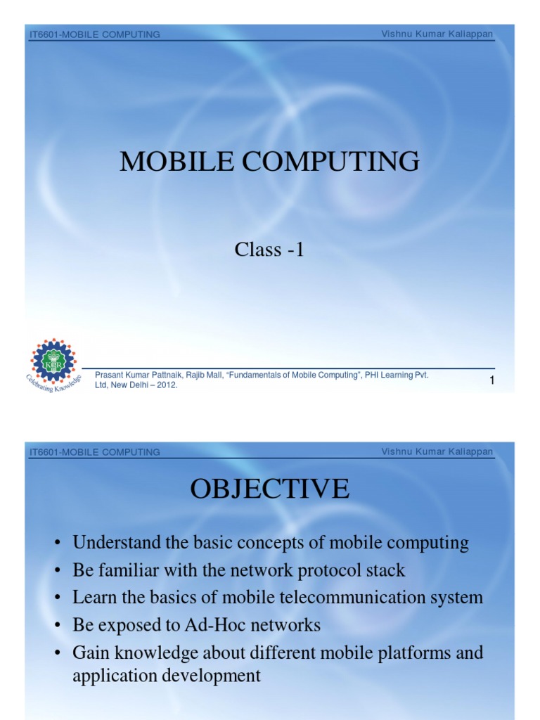 IT6601 Mobile Computing Unit 1 Intro v1 Vishnu PDF | PDF | Wireless Lan | Computer Network