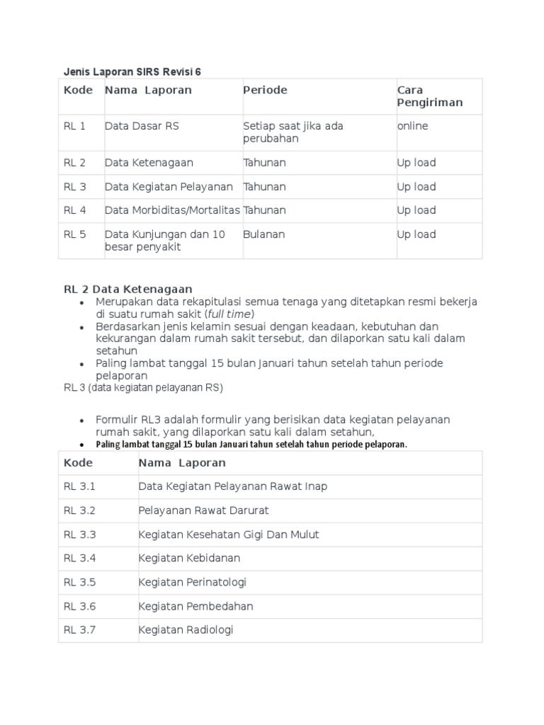 Jenis Laporan SIRS Revisi 6 1 | PDF