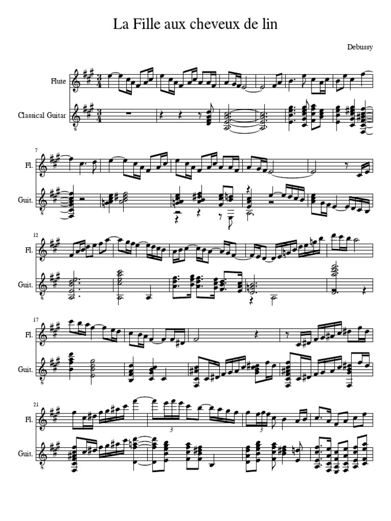 Debussy - La Fille Aux Cheveux de Lin For Flute and Guitar | PDF ...