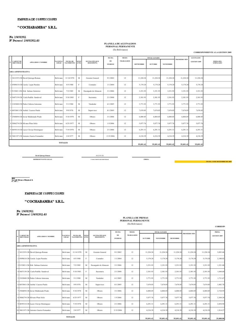 Planilla de Aguinaldos | Descargar gratis PDF | Bolivia | Business