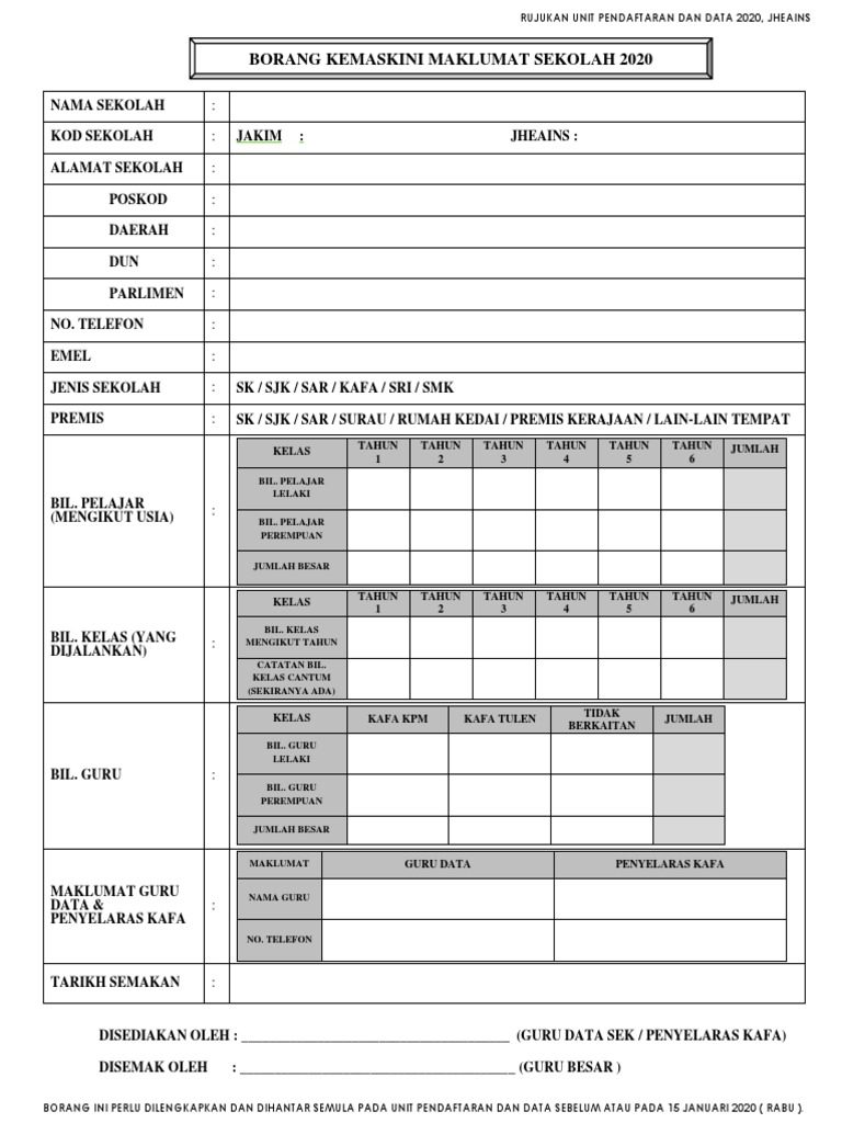 Borang Kemaskini Maklumat Sekolah Kafa 2020 | PDF