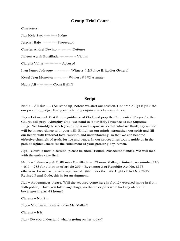 Trial Court Script Rape Crime Scene STEM 11 - GALILIE | PDF | Plea | Judge