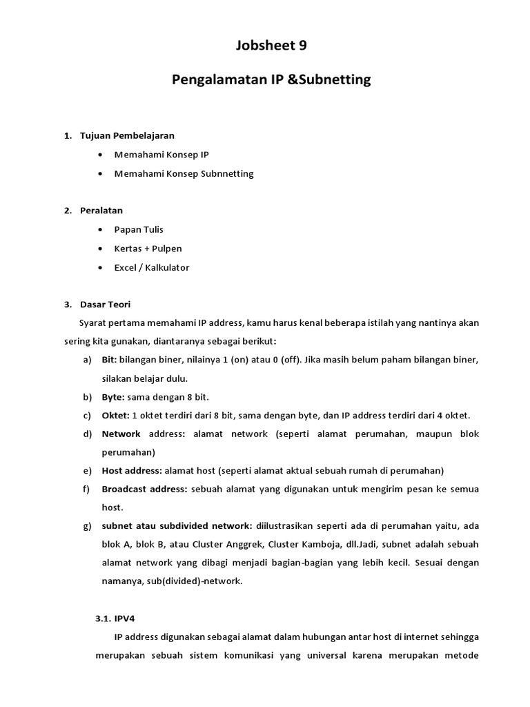 Jobsheet 9 Pengalamatan IP Dan Subnetting | PDF