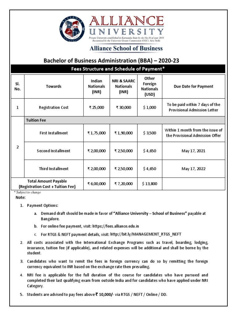 ASOB BBA Fee Structure 2020 PDF | PDF | Fee | Payments