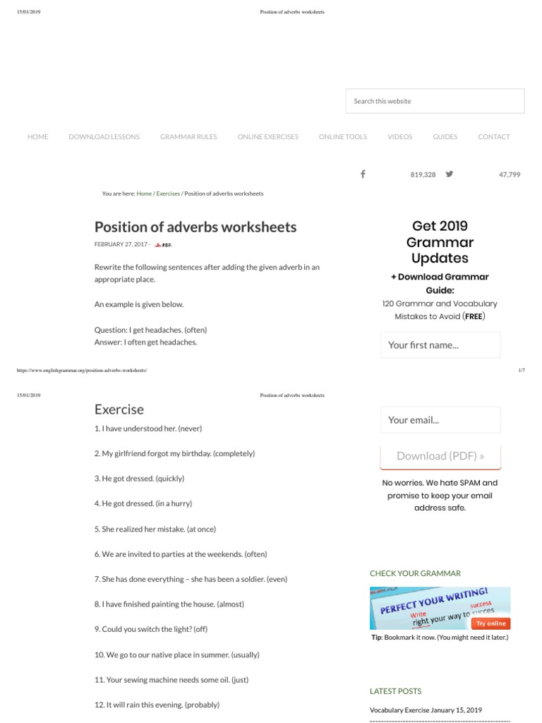 Position of Adverbs Worksheets | PDF | Verb | Adverb