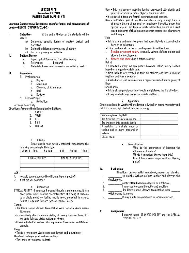 Lesson Plan For Forms of Poetry | PDF | Sonnets | Poetry