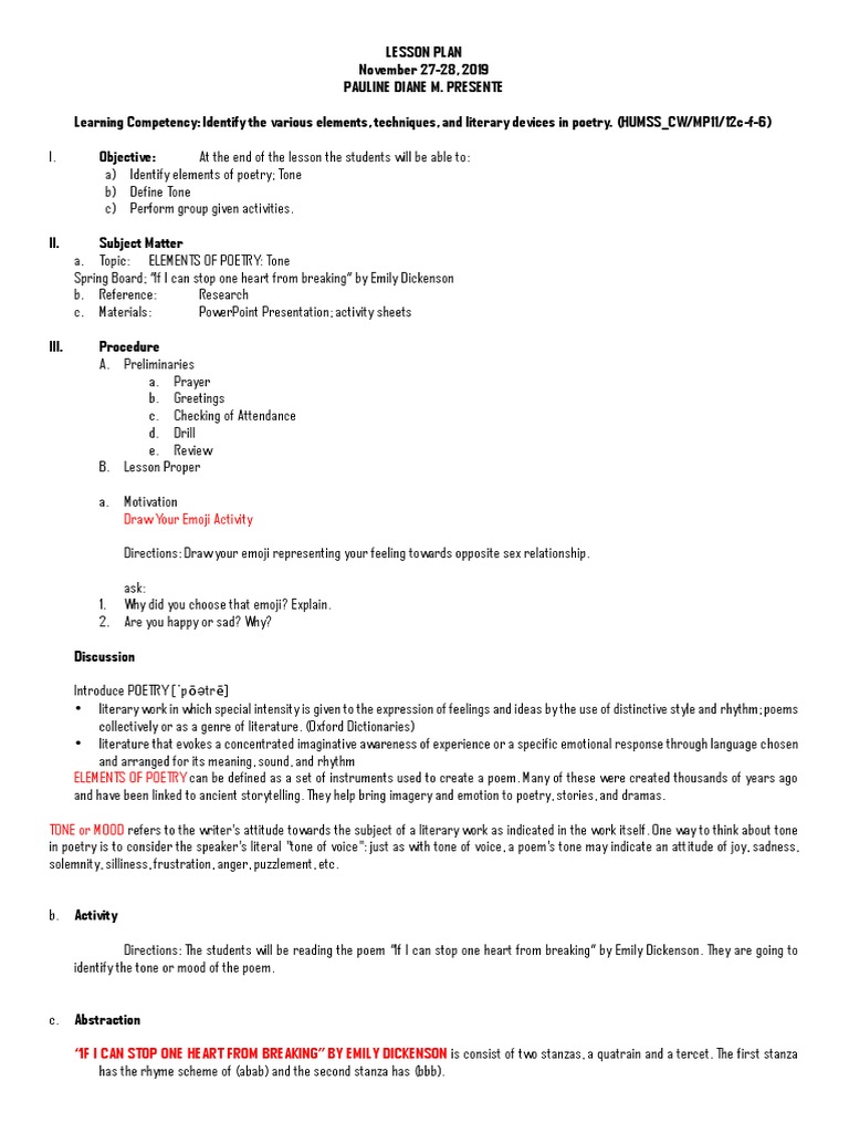 Lesson Plan For Tone, Rhyme, Meter and Line | PDF | Poetry | Lesson Plan