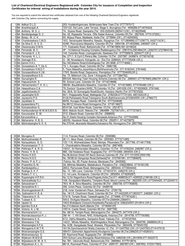 List of Chartered Electrical Engineers for Colombo City 2014 | PDF