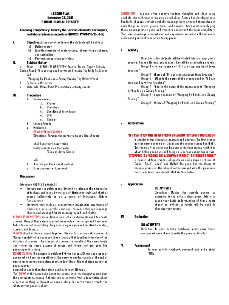 Lesson Plan Types of Poetry | PDF | Poetry