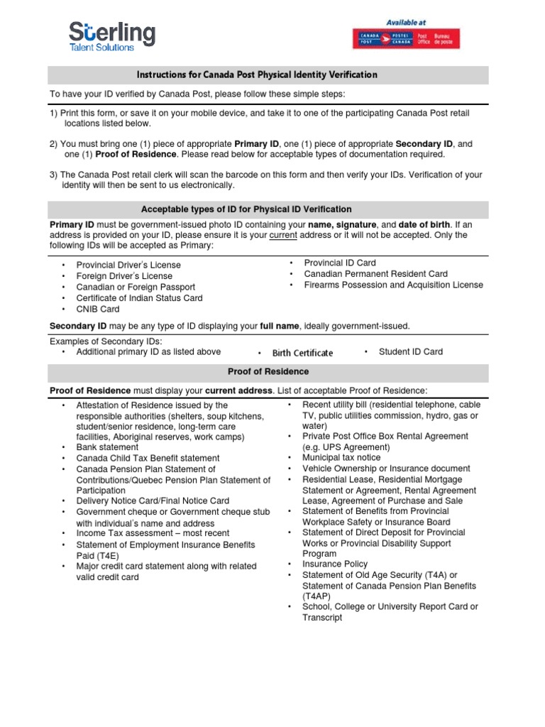 Canada Post ID Verification Instructions | PDF | Identity Document ...