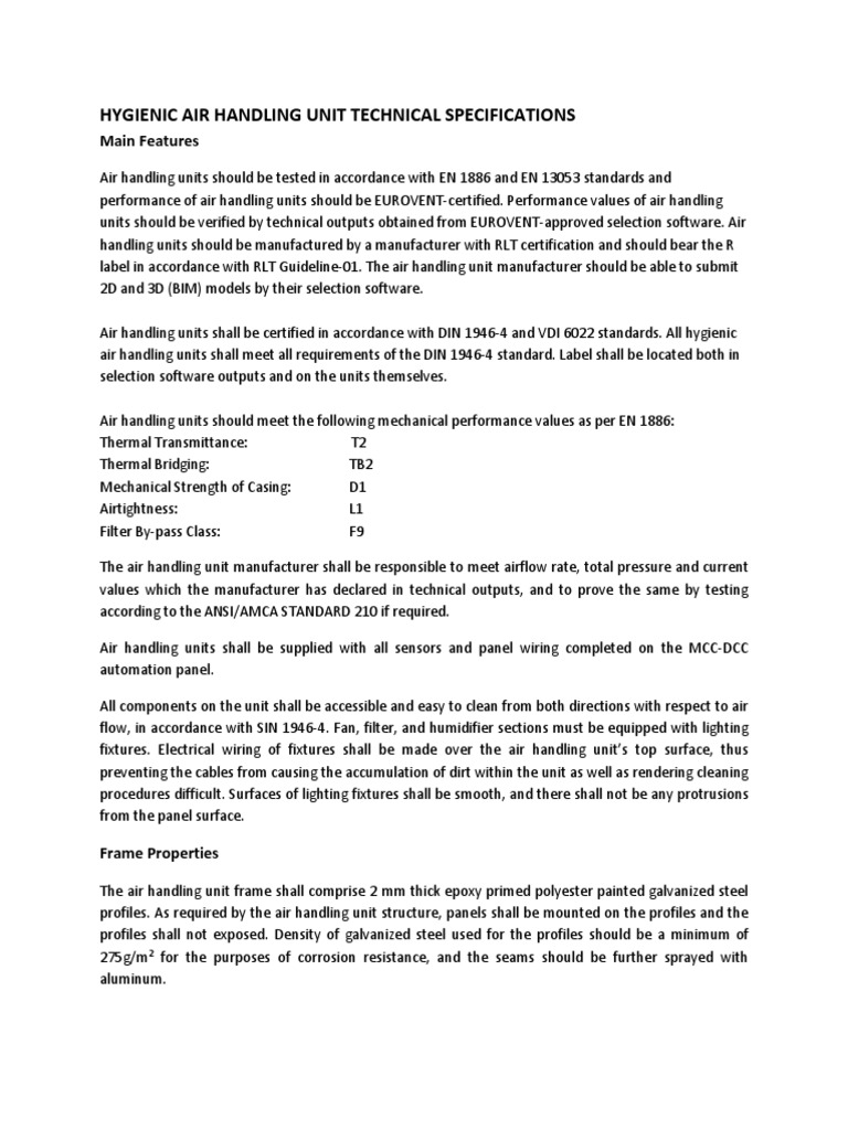 Hygienic Air Handling Unit Specs | PDF | Sheet Metal | Pipe (Fluid ...