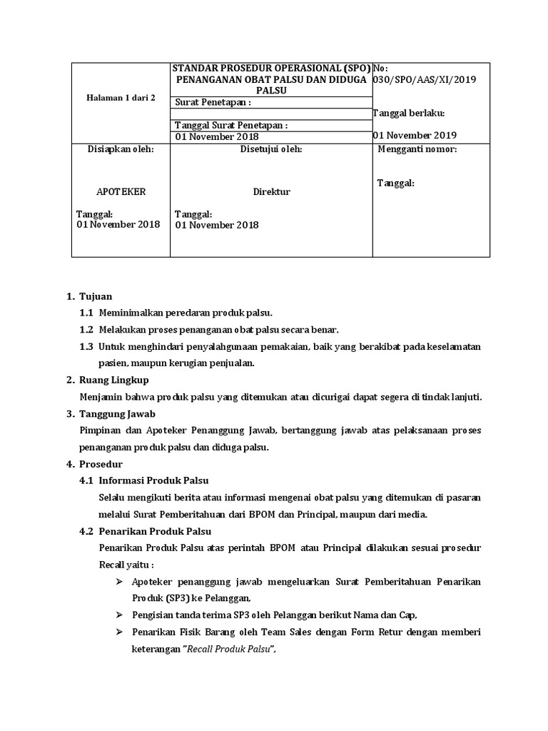 Spo Penanganan Obat Palsu Dan Diduga Palsu | PDF