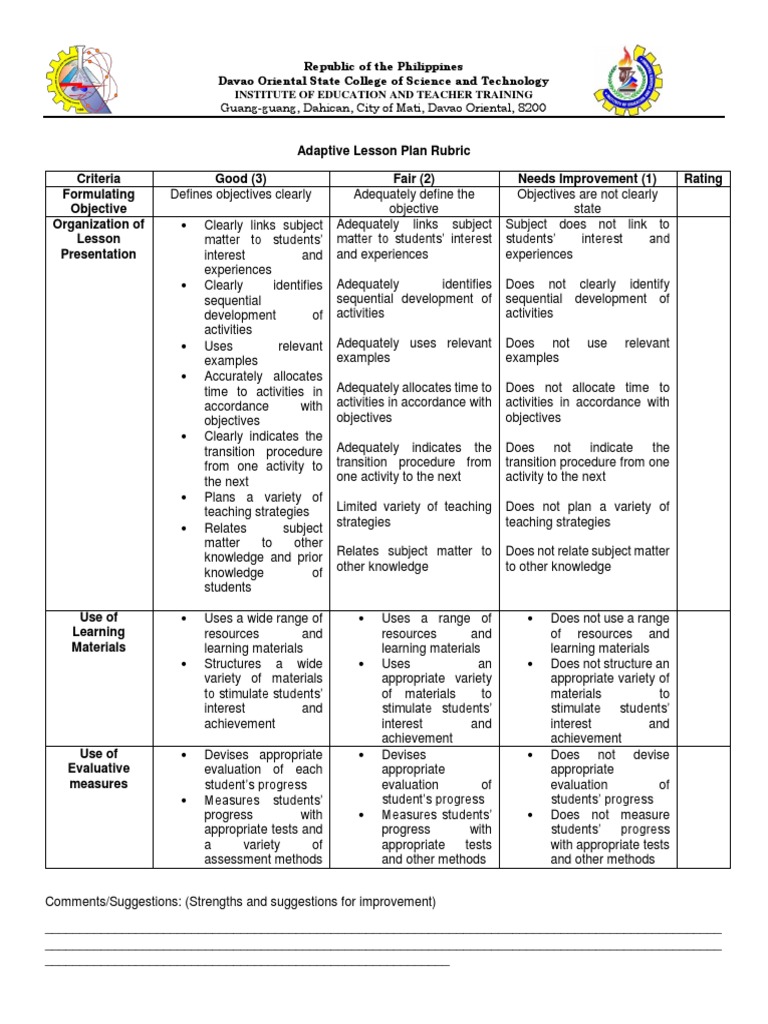 Adaptive Lesson Plan Rubric | Download grátis PDF | Lesson Plan ...