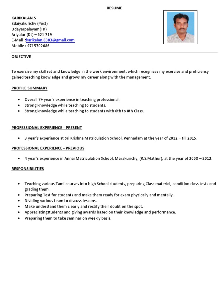 Karikalan Resume | PDF | Behavior Modification | Learning