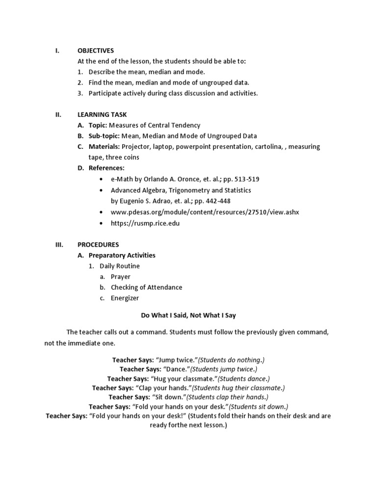 Contextualized And Localized Lesson Plan Pdf Mode Statistics