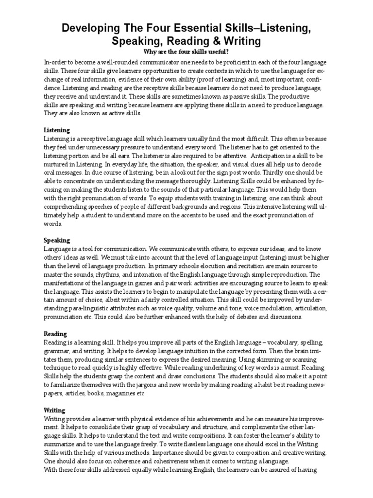 Developing The Four Essential Skills | PDF | Speech | Accent ...