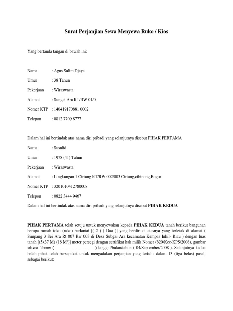 Surat Perjanjian Sewa Menyewa Ruko | PDF