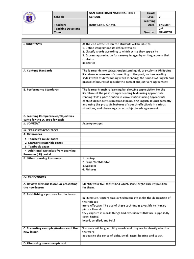 DLP GRADE 7 Imagery | PDF | Mental Image | Learning