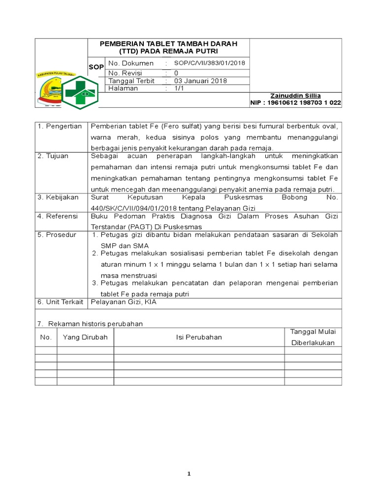 Sop Pemberian Tablet Tambah Darah (TTD) Pada Remaja Putri | PDF