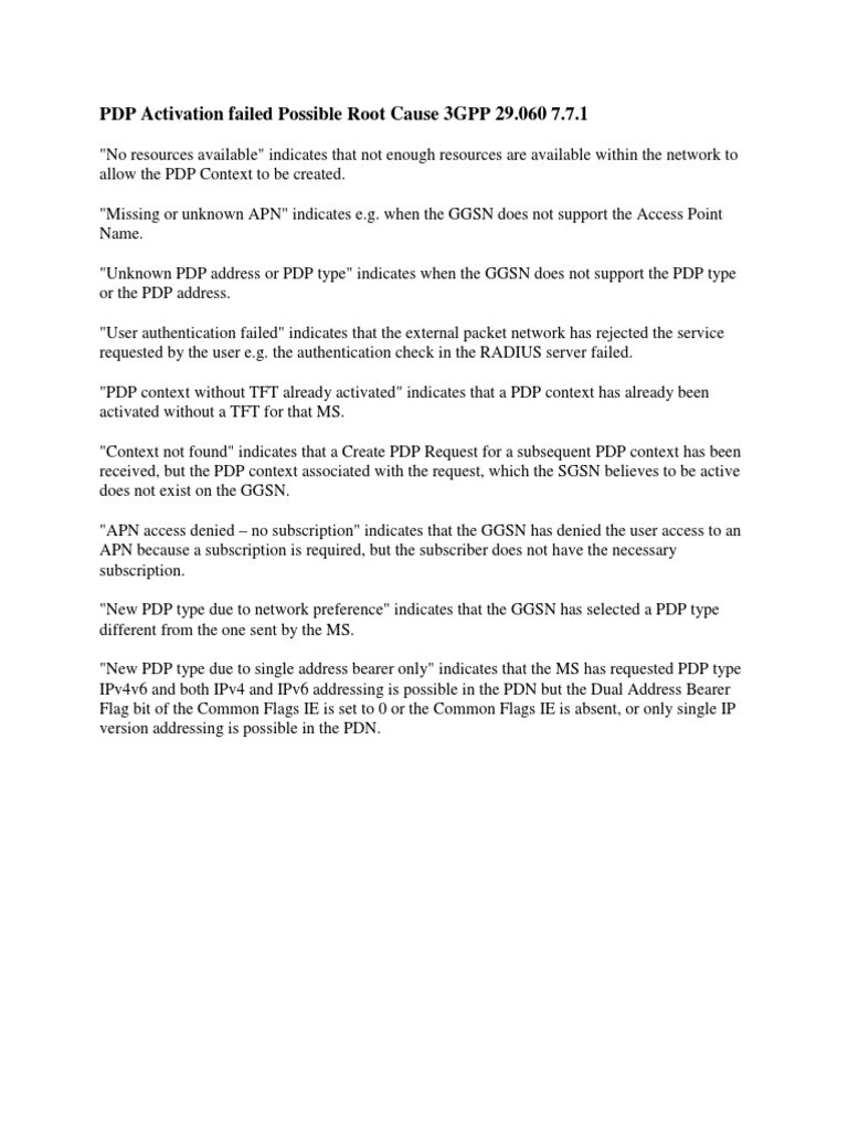 Pdp Activation Failed Possible Root Cause Pdf Telecommunications Infrastructure