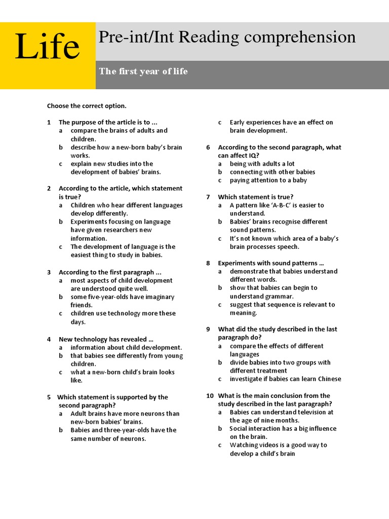 Pre Int Intermediate ReadingComprehension | PDF | Child Development ...