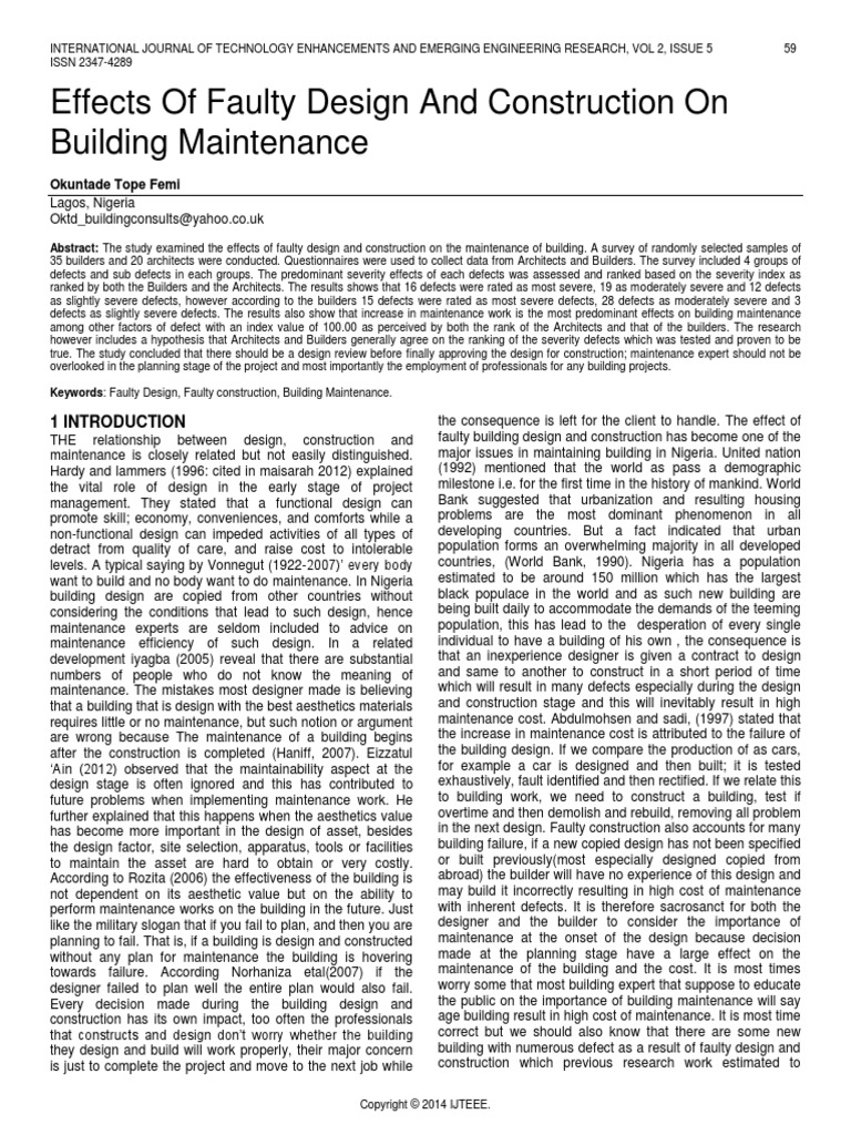 Effects of Faulty Design and Construction On Building Maintenance PDF ...