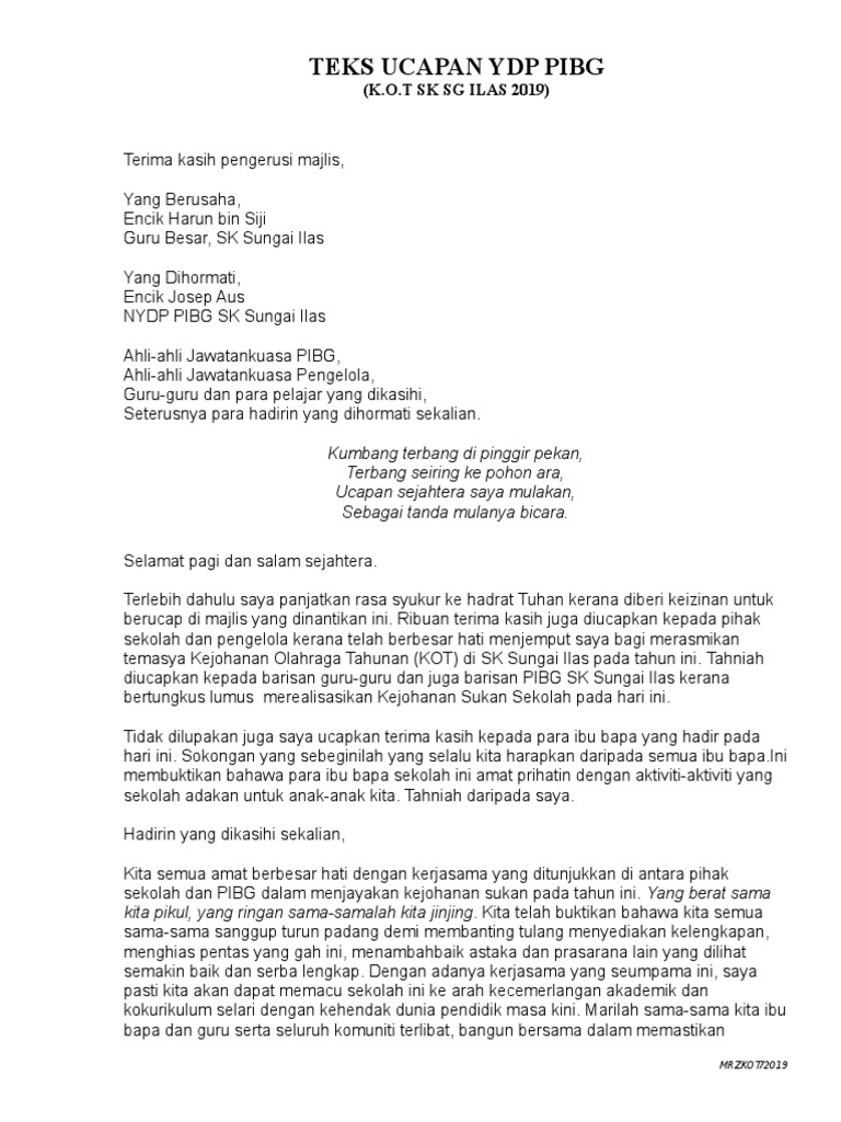 Teks Ucapan Ydp Pibg Kot 2019 | PDF
