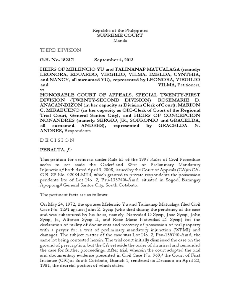 Preliminary Mandatory Injunction - Heirs of Yu vs. CA | PDF ...
