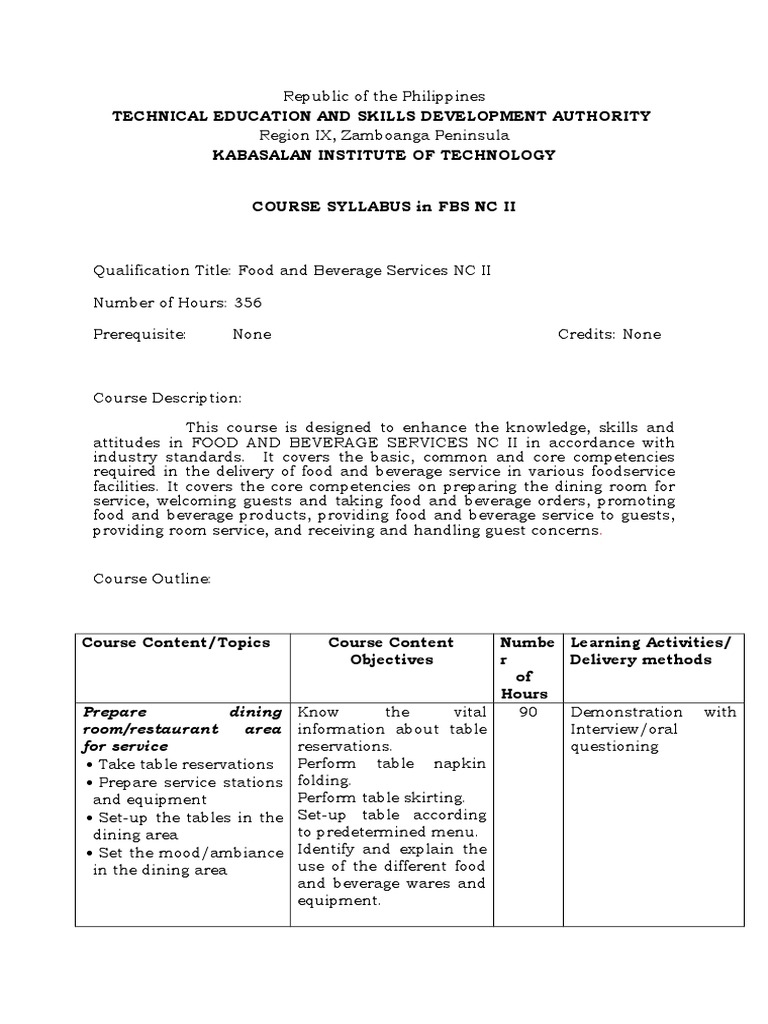 Philippine Food Service Course Syllabus | PDF | Foodservice | Restaurants