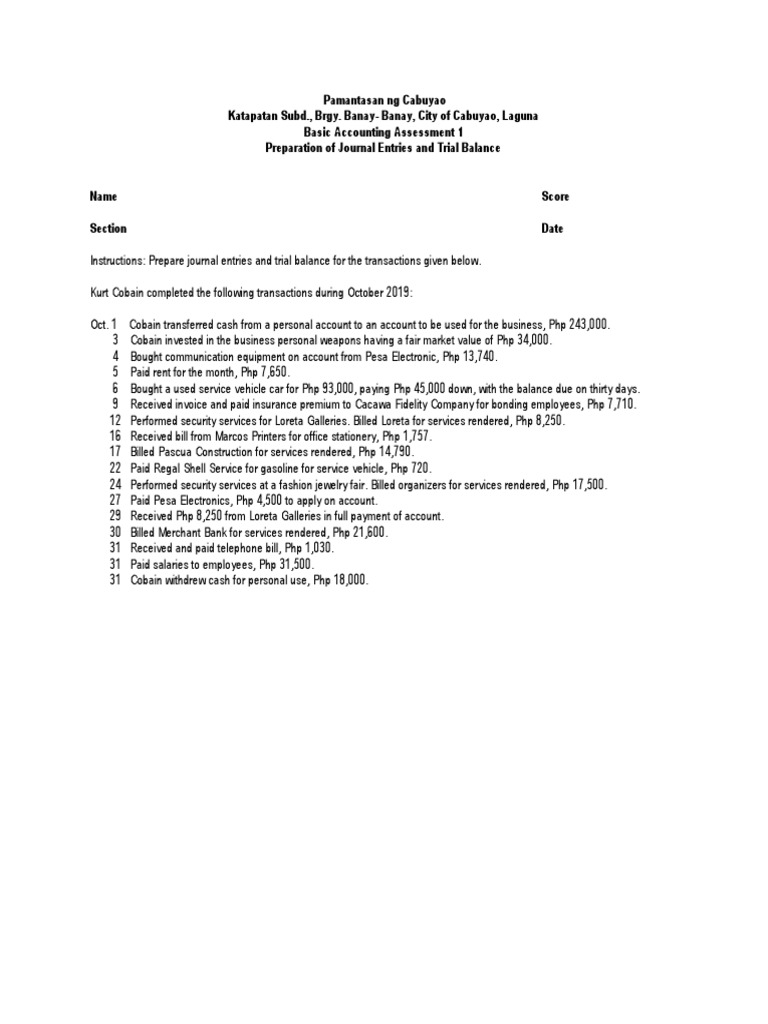 Basic Accounting Journal Entries Exercise | PDF