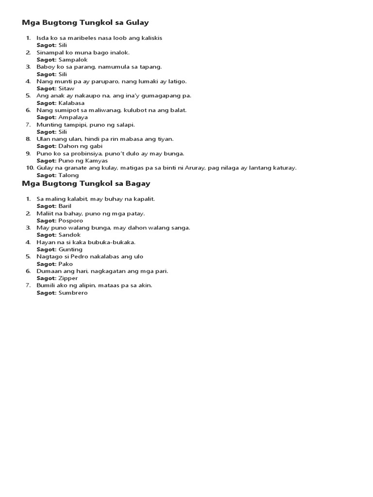 Mga Bugtong Tungkol Sa Gulay | PDF