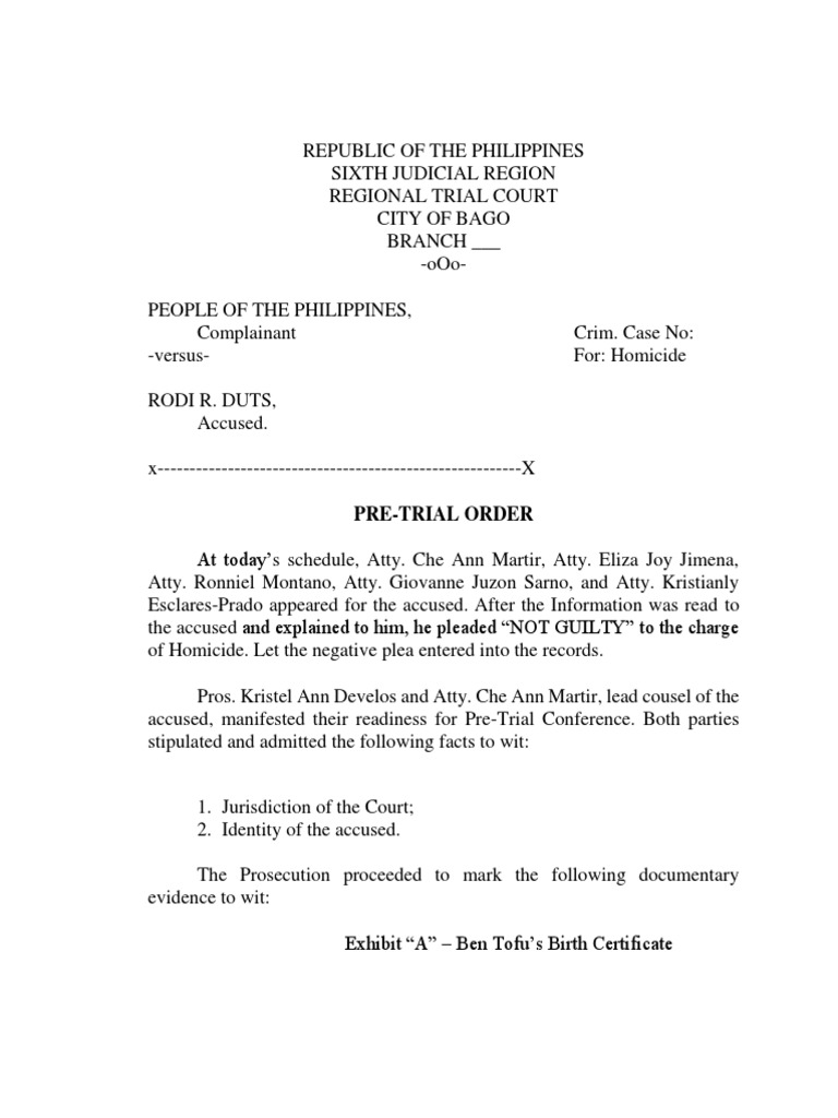 Pre-Trial-Order Sample | PDF | Prosecutor | Plea