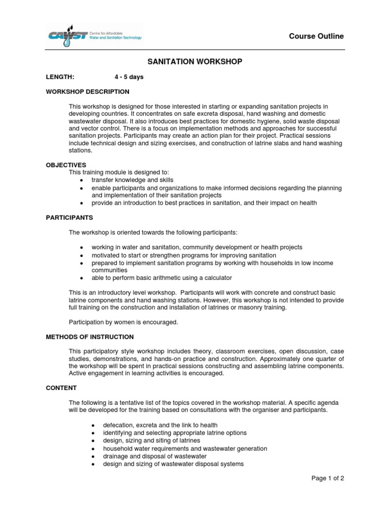 Course Outline - Sanitation - Jan09 | PDF | Sanitation | Public Health