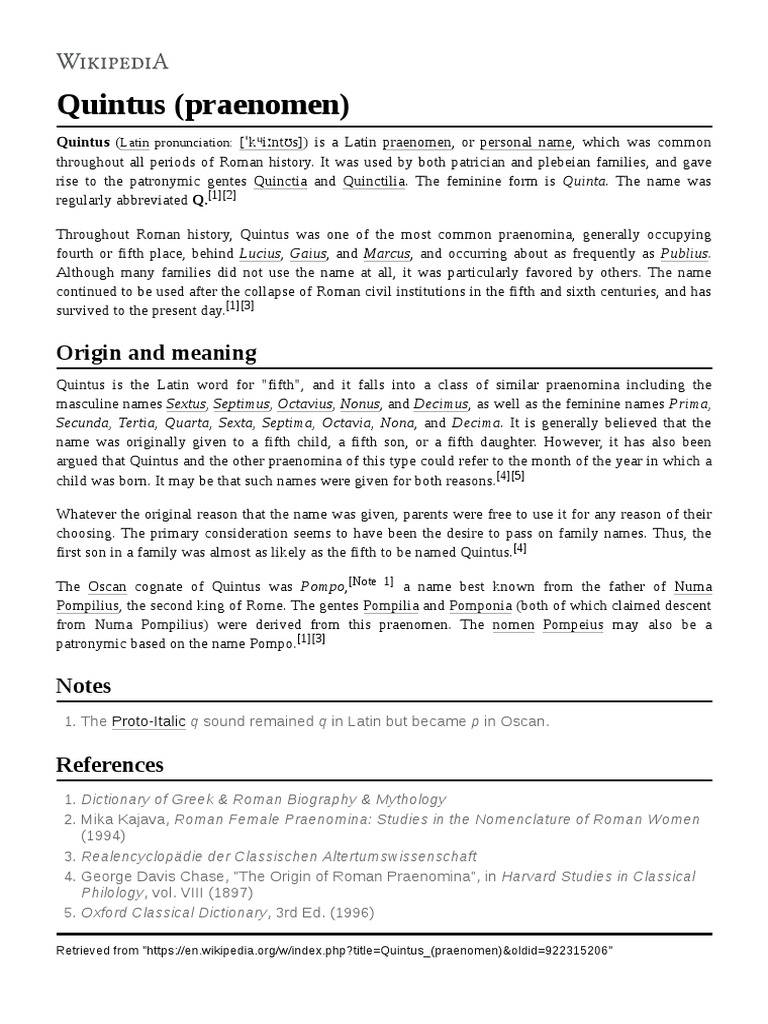 Quintus (Praenomen) | Download Free PDF | Onomastics | Ancient Rome