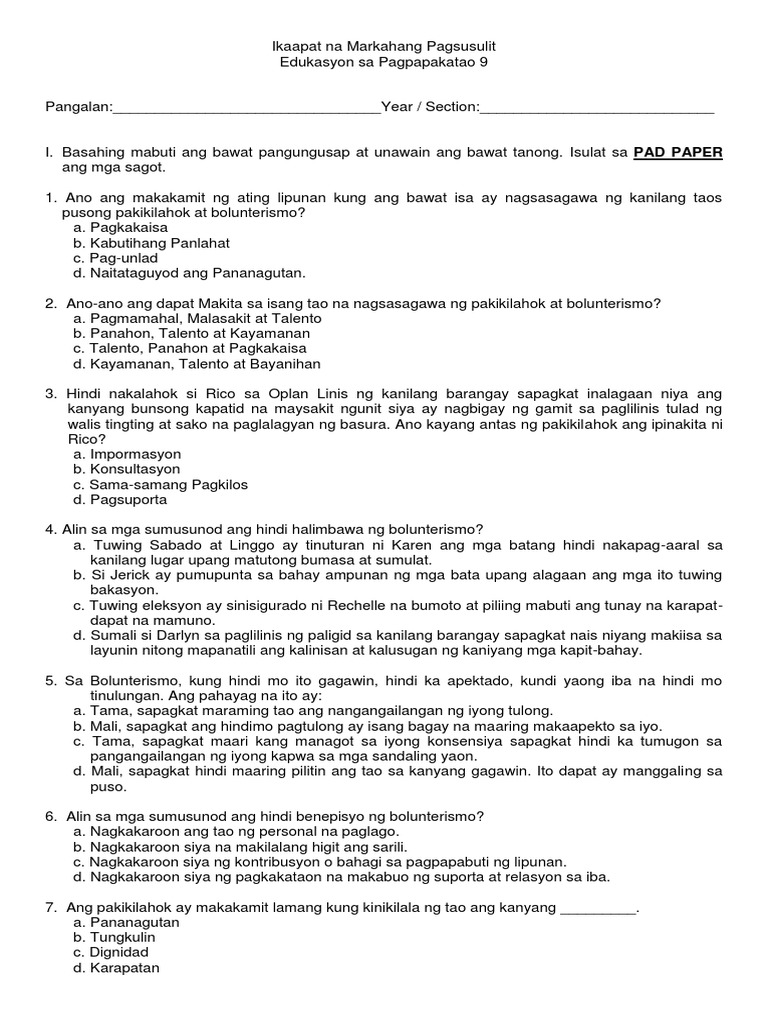 EsP 9 - 4th GRADING EXAM | PDF