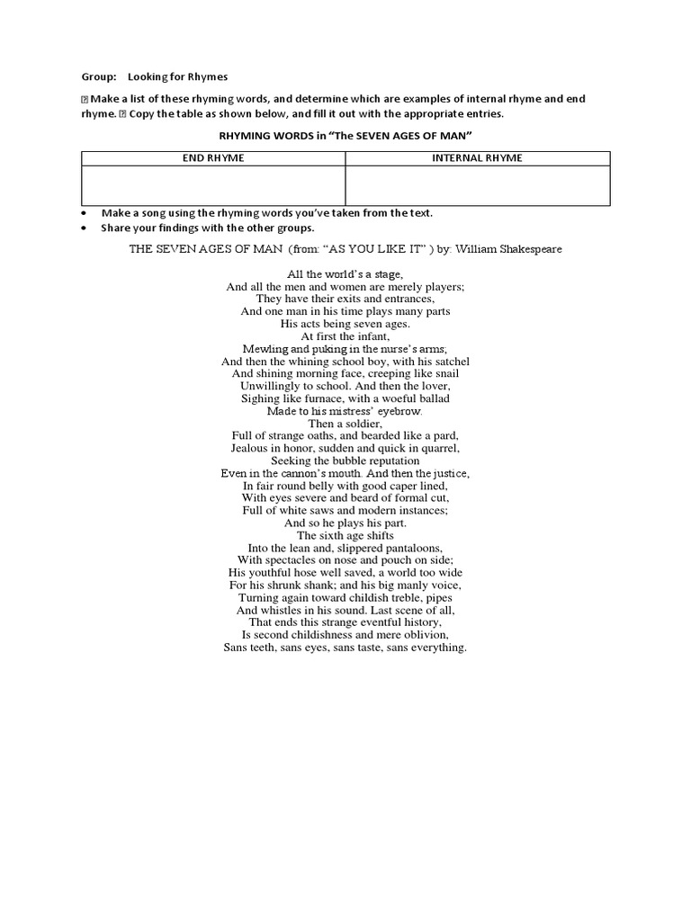 Analyzing Rhymes in "The Seven Ages" | PDF | As You Like It