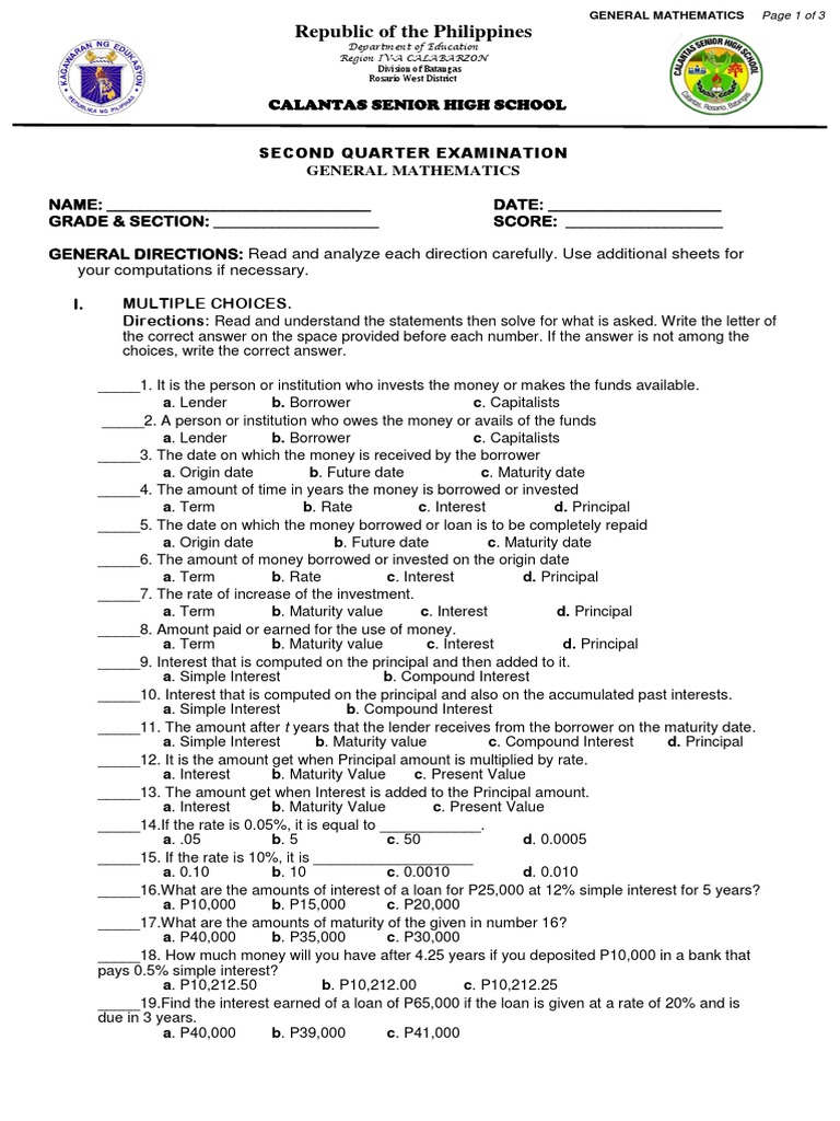 General Mathematics 11 Second Quarter Exam | PDF | Compound Interest ...