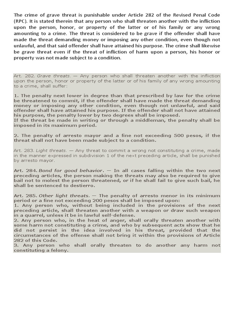 Article 282 of The Revised Penal Code | PDF | Crime & Violence | Crime ...