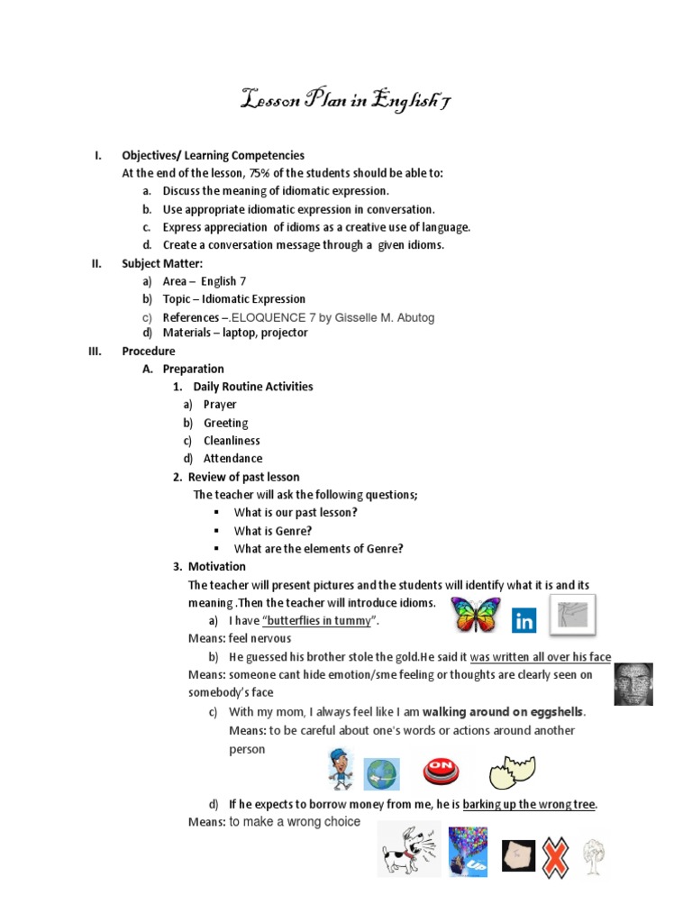 Idiomatic Expressions Lesson Plan | PDF | Idiom | Lesson Plan