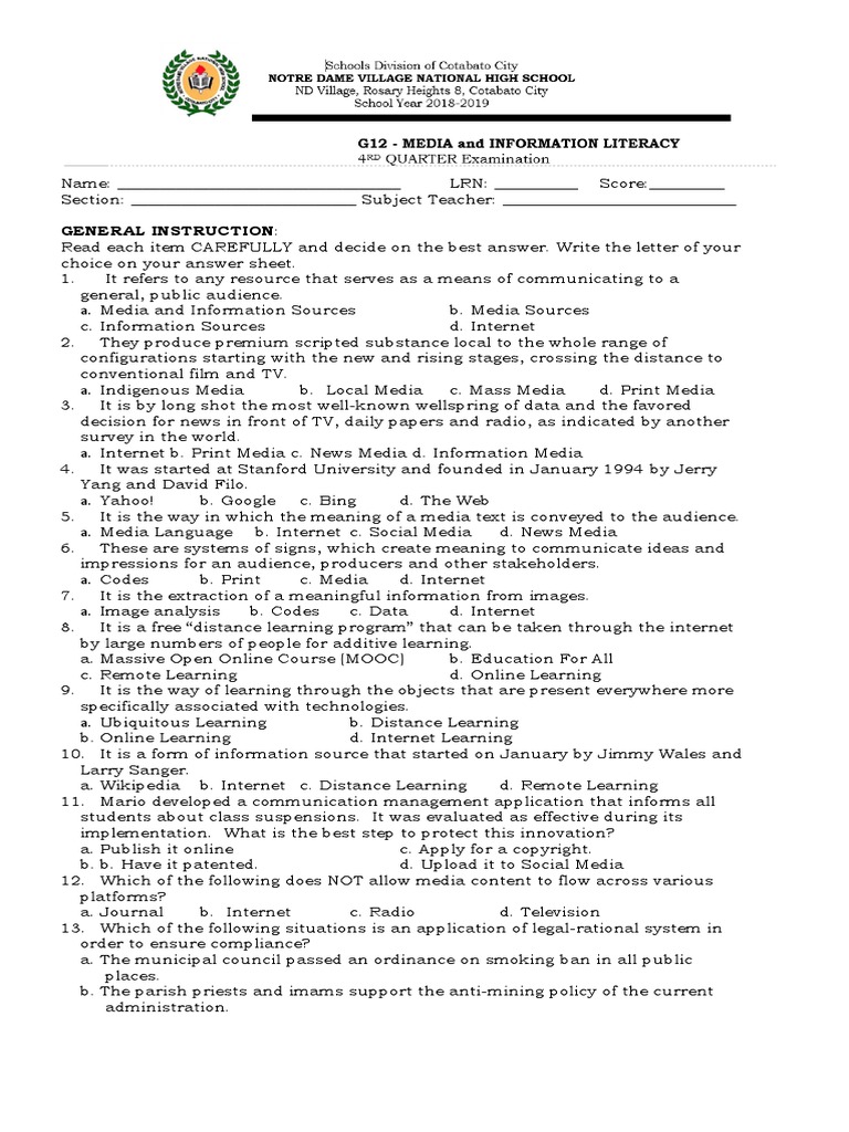 Exam Q4 Media and Information Literacy | PDF | Mass Media | Educational ...