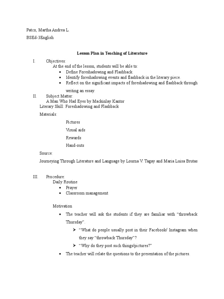 Foreshadowing | PDF | Teachers | Lesson Plan