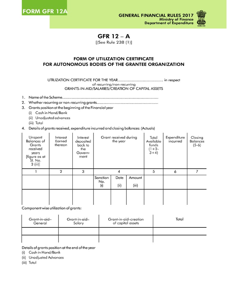 Form GFR 12-A Utilisation Certificate | PDF