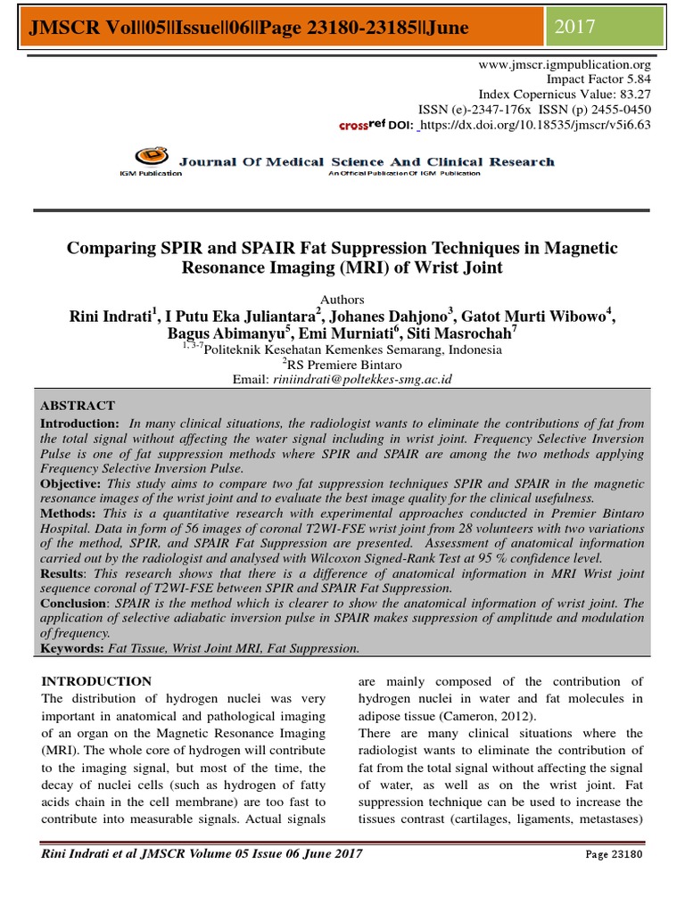Comparing SPIR and SPAIR Fat Suppression Techniques in Magnetic ...