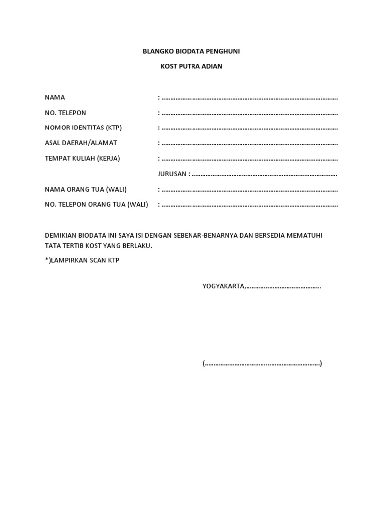 Biodata Penghuni Kost Adian | PDF